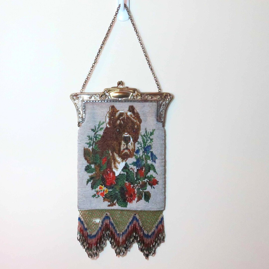 Extraordinary Antique Beaded Purse/ Boxer Dog on Both Sides/ 3.75 ...