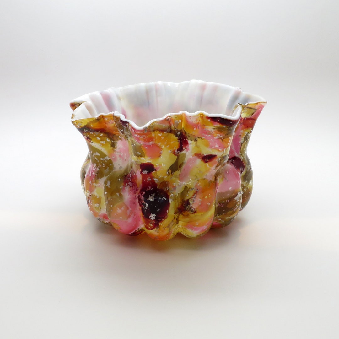 Antique Spangled Varicolored Cased Glass Fluted Bowl/ Vase With ...