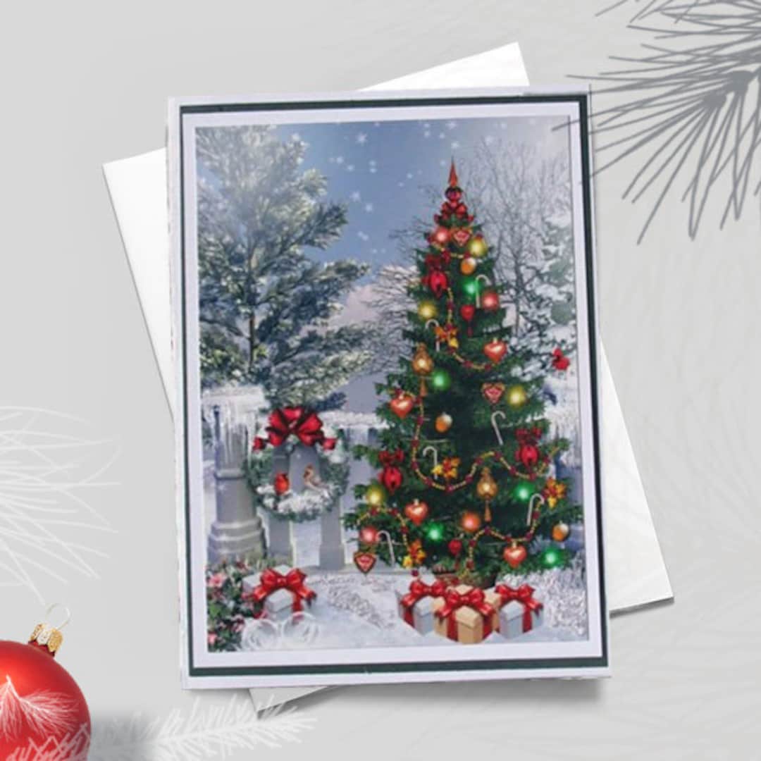 Decorated Christmas Tree Scene Holiday Card, Winter Wonderland Holiday ...