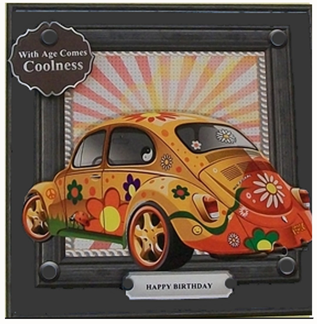 Bright Orange VW Beetle Birthday Card With Flowery Design - Etsy