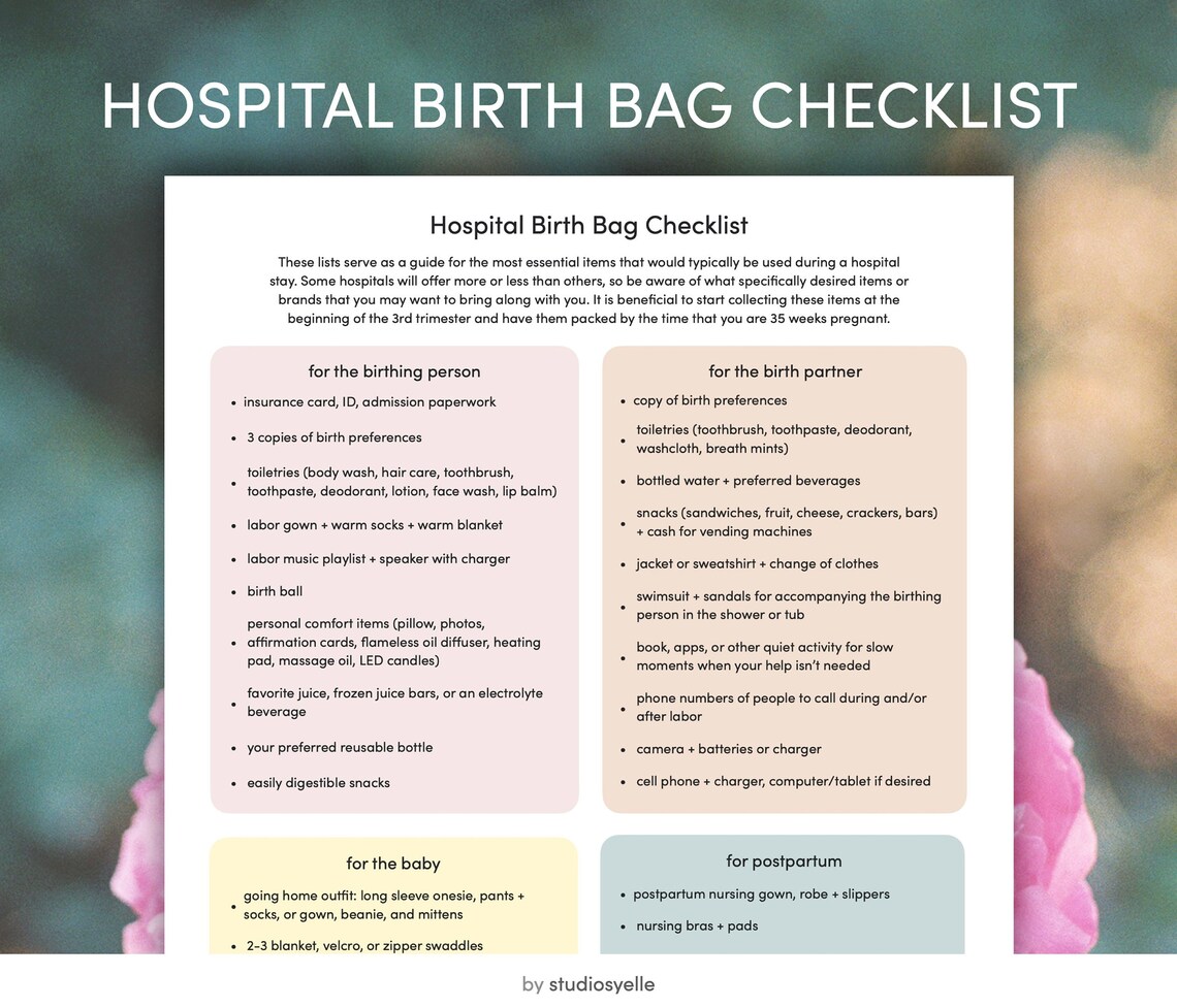 Hospital Birth Bag Checklist Printable PDF Pregnancy & - Etsy