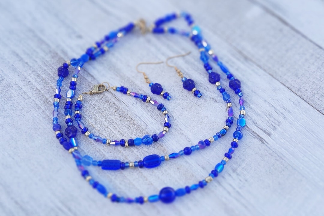 Bright Blue Beaded Jewelry Set: Necklace, Bracelet & Earrings - Etsy
