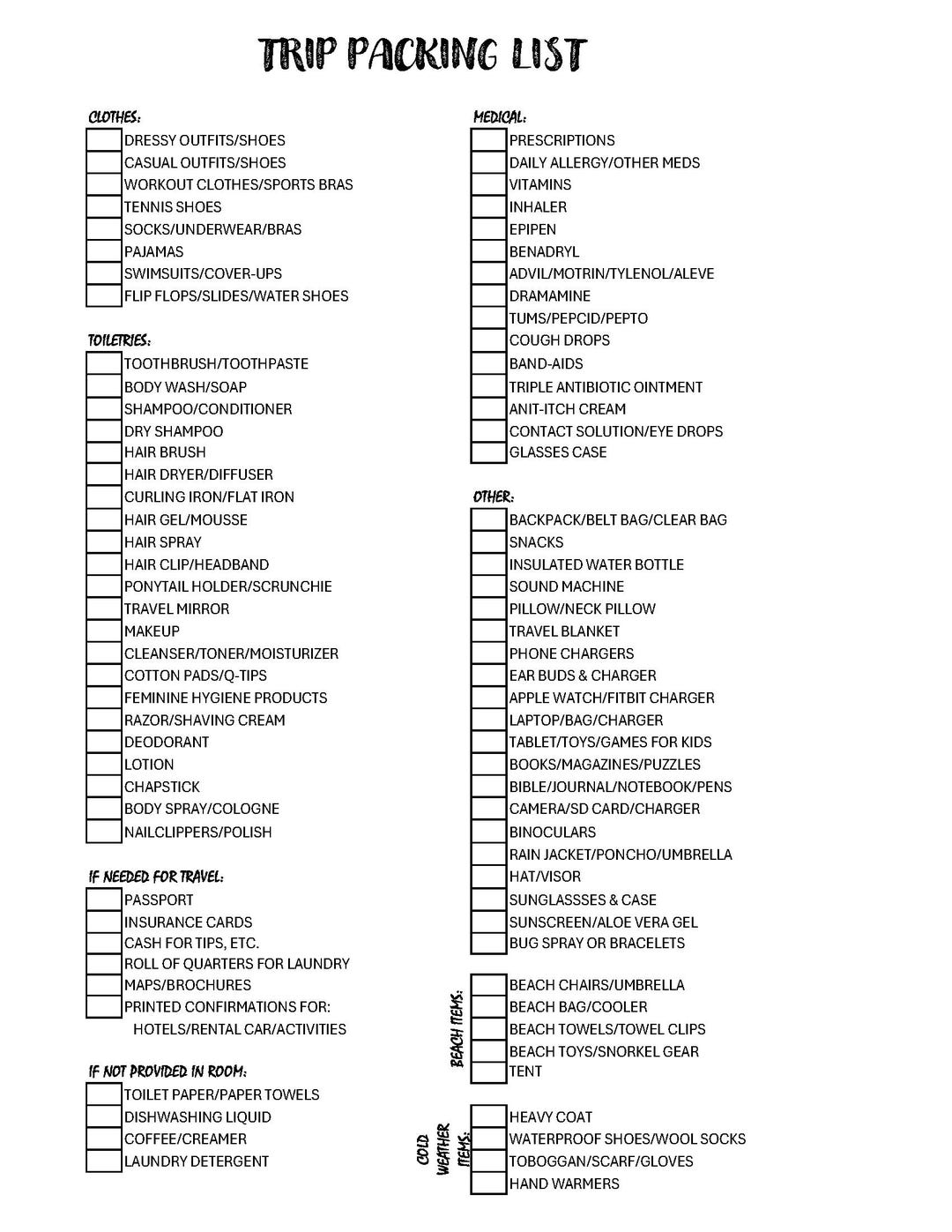 Trip Packing List, Trip List, Packing List, Vacation List, Travel List ...