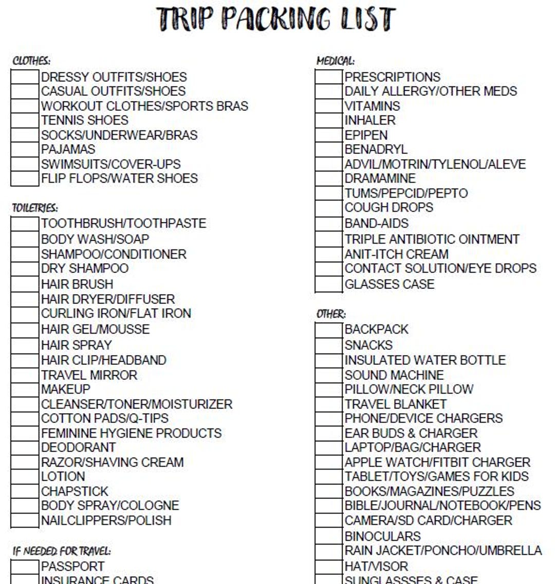 Trip Packing List, Trip List, Packing List, Vacation List, Travel List ...