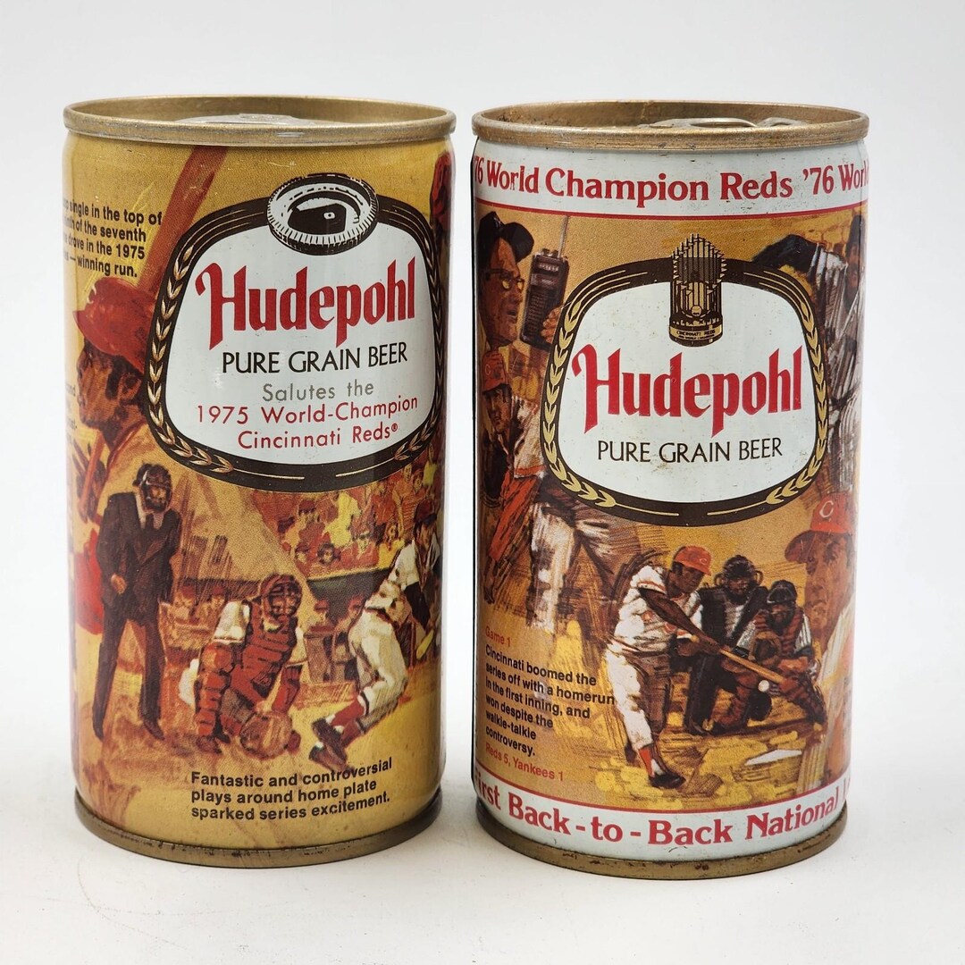 2 Hudepohl Steel Beer Cans 12 Oz 1975 & 1976 World Series Champs ...