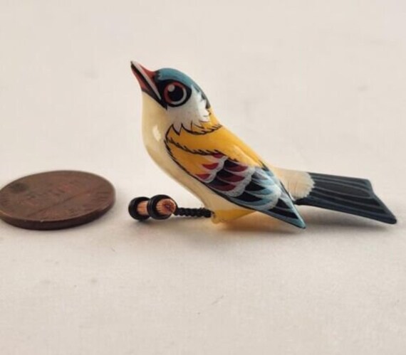 Japanese Wood Waxwing Bird Brooch Pin Yellow Blue Han… - Gem