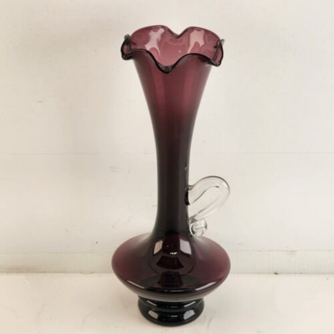 Art Line Glass Vase Amethyst Purple Scalloped Lip Clear Handle Japan ...