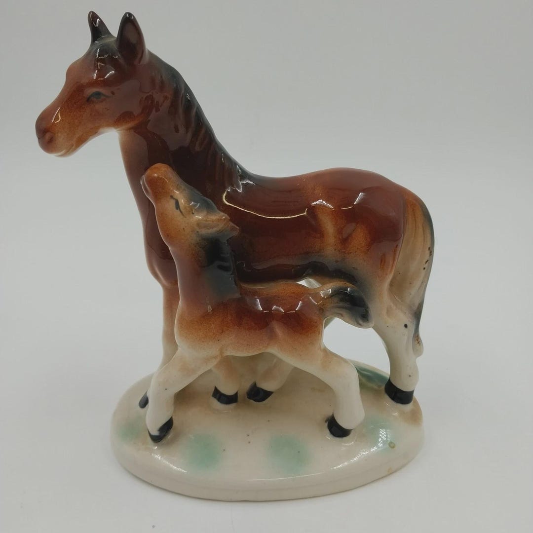 Horse Mare and Colt Figurine 7" Equestrian Brown Black White Ceramic ...