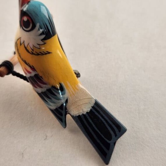Japanese Wood Waxwing Bird Brooch Pin Yellow Blue Han… - Gem