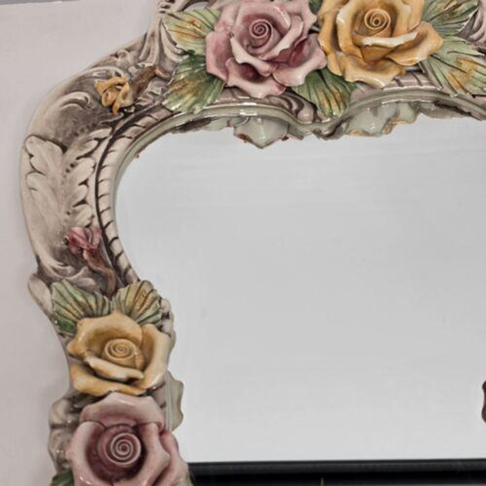 Large Capodimonte Porcelain Mirror Dresser Vanity Tray Roses Hour Glass ...