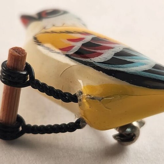 Japanese Wood Waxwing Bird Brooch Pin Yellow Blue Han… - Gem
