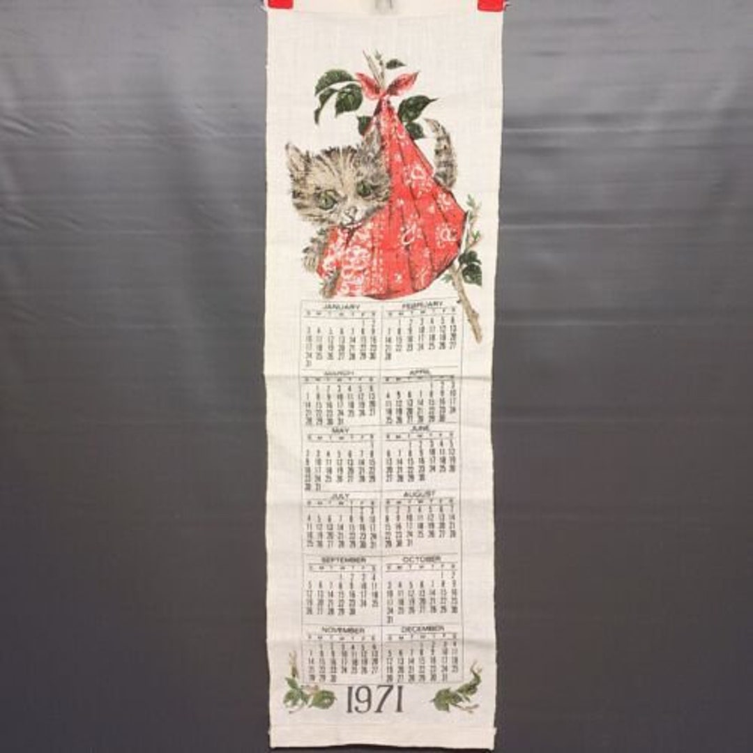 1971 Linen Calendar Kitchen Towel Hanging Cat Nestling in - Etsy