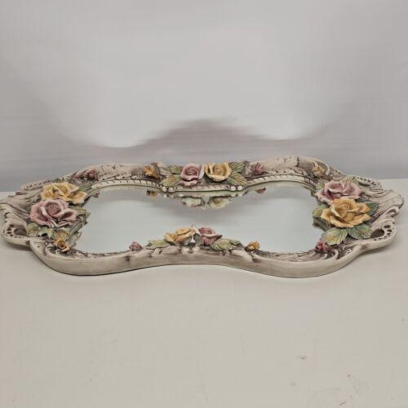 Large Capodimonte Porcelain Mirror Dresser Vanity Tray Roses Hour Glass ...
