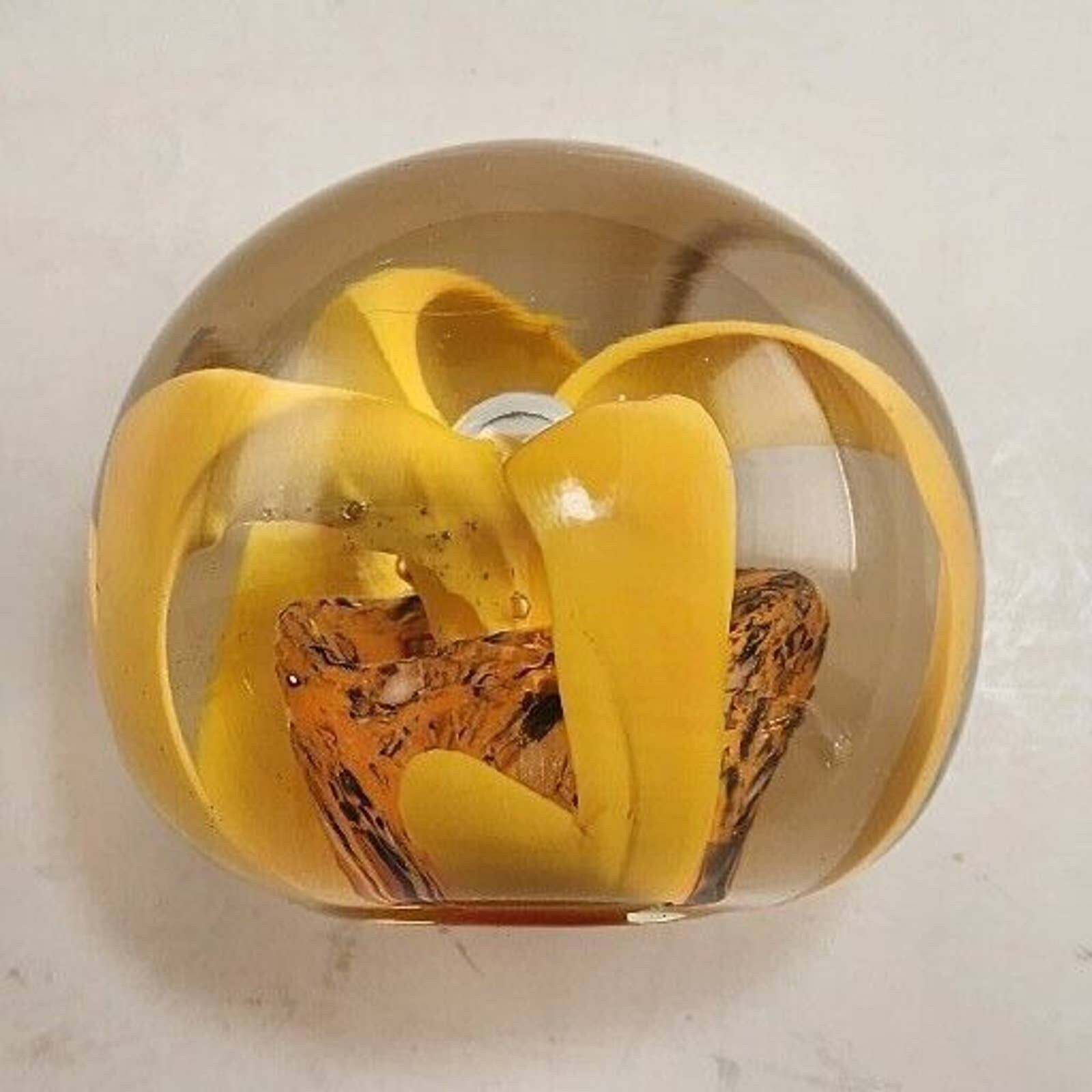 Yellow Orange Flower Glass Orb Round Paperweight 2.75 Across Marked E&W ...