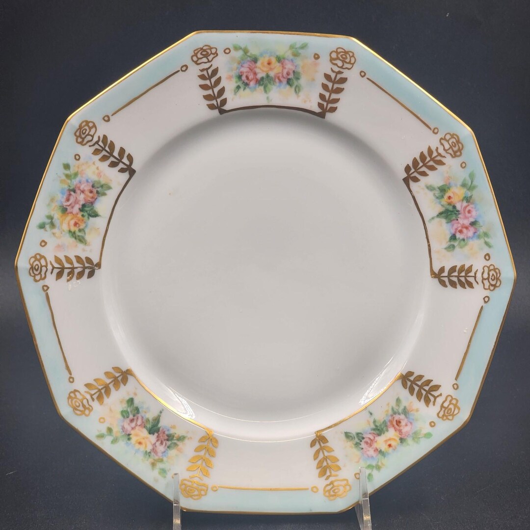 Tirschenreuth Bavaria Decagon Blue Gold Border Enamel Floral Dinner ...