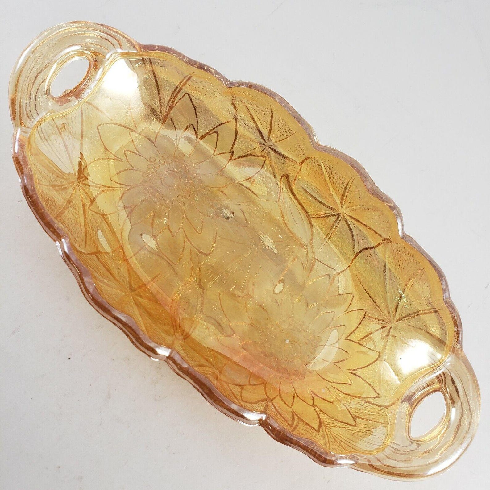 Carnival Glass Relish Dish Oval Flower Daisy Marigold Iridescent Gold 9 ...