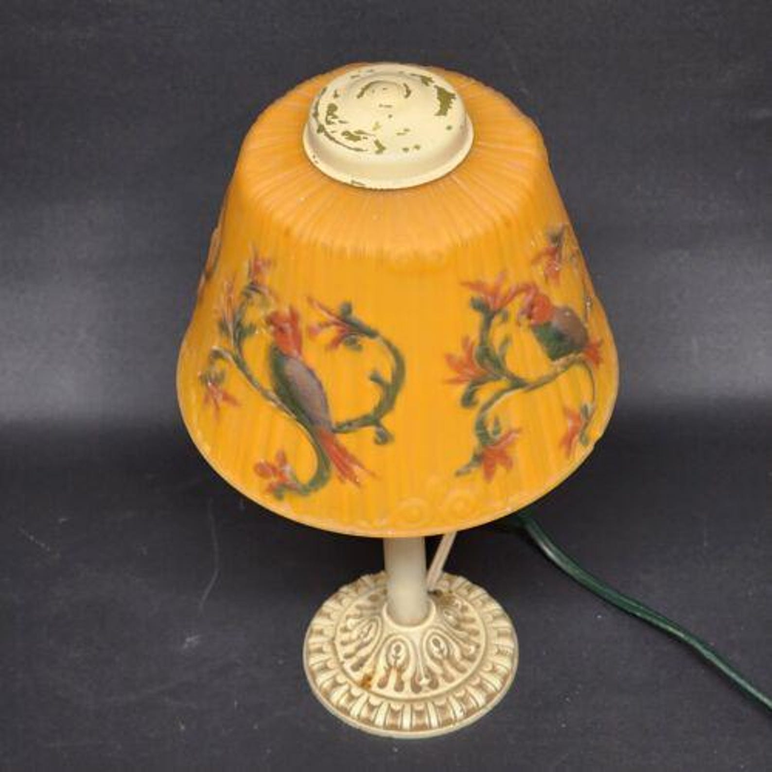 Reverse Painted Lamp Cast Iron Parrot Tropical Glass Shade Vintage ...
