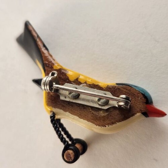 Japanese Wood Waxwing Bird Brooch Pin Yellow Blue Han… - Gem