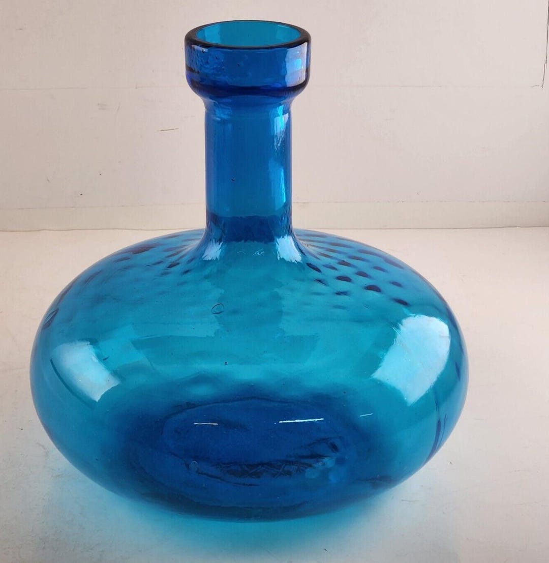 Blue Italian Glass Diamond Puff Genie Bottle Decanter Flange Vintage 8. ...