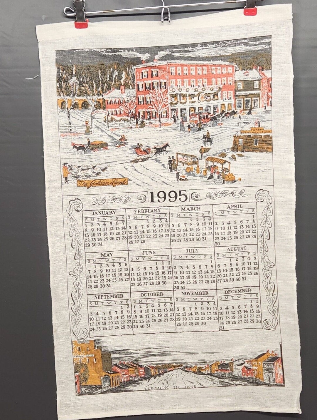 1995 Vintage Wall Hanging Linen Calendar for Kitchen Town Covered With ...