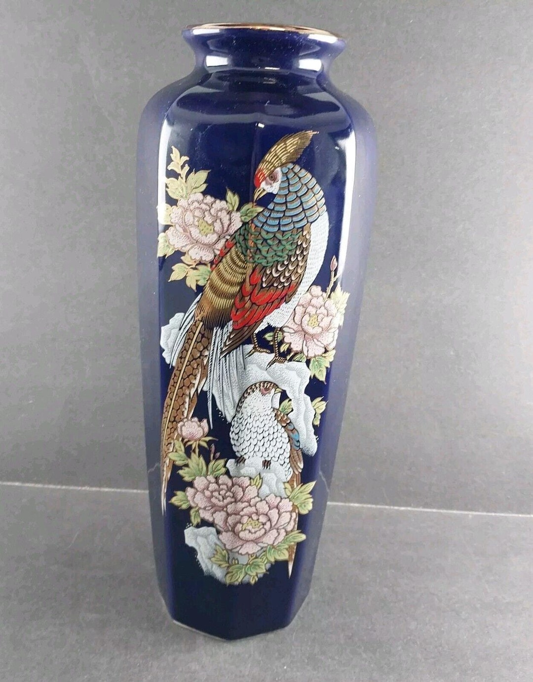 Toyo Kutani Cobalt Blue Vase Japan 10.5" Gold Inlay Peacock Flowers ...