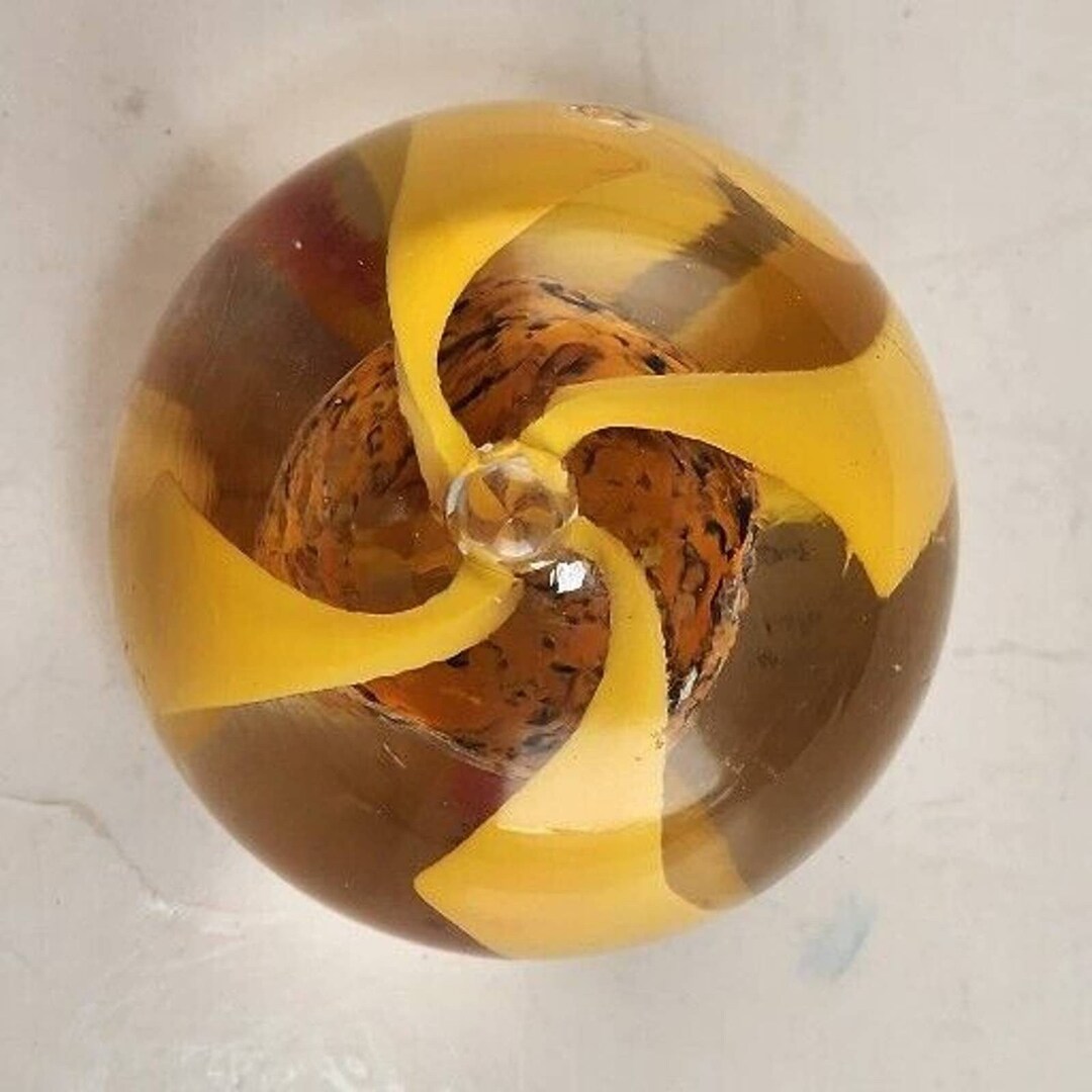 Yellow Orange Flower Glass Orb Round Paperweight 2.75 Across Marked E&W ...