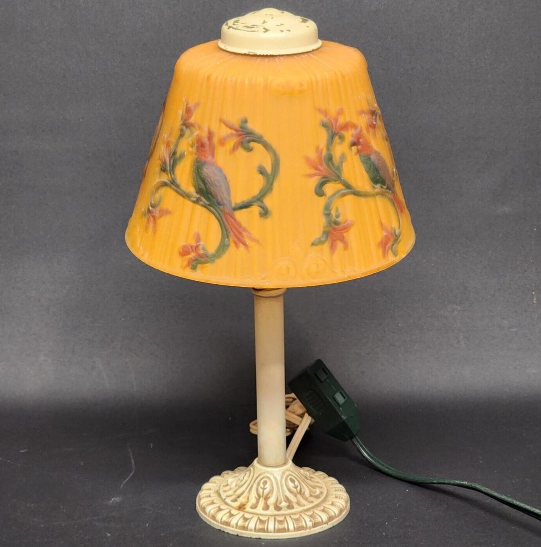 Reverse Painted Lamp Cast Iron Parrot Tropical Glass Shade Vintage ...