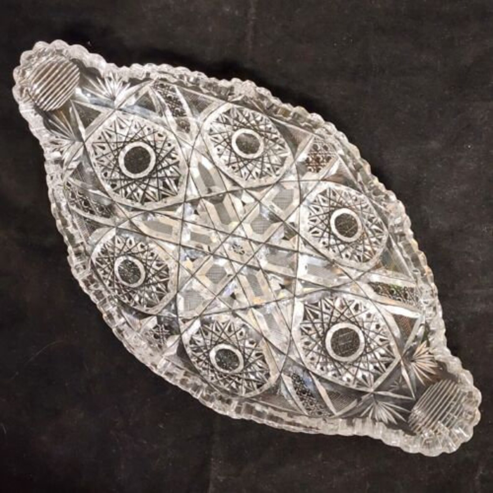 Hobstar Fan Pattern American Brilliant Cut Glass 14 Oblong Dish and 6 ...