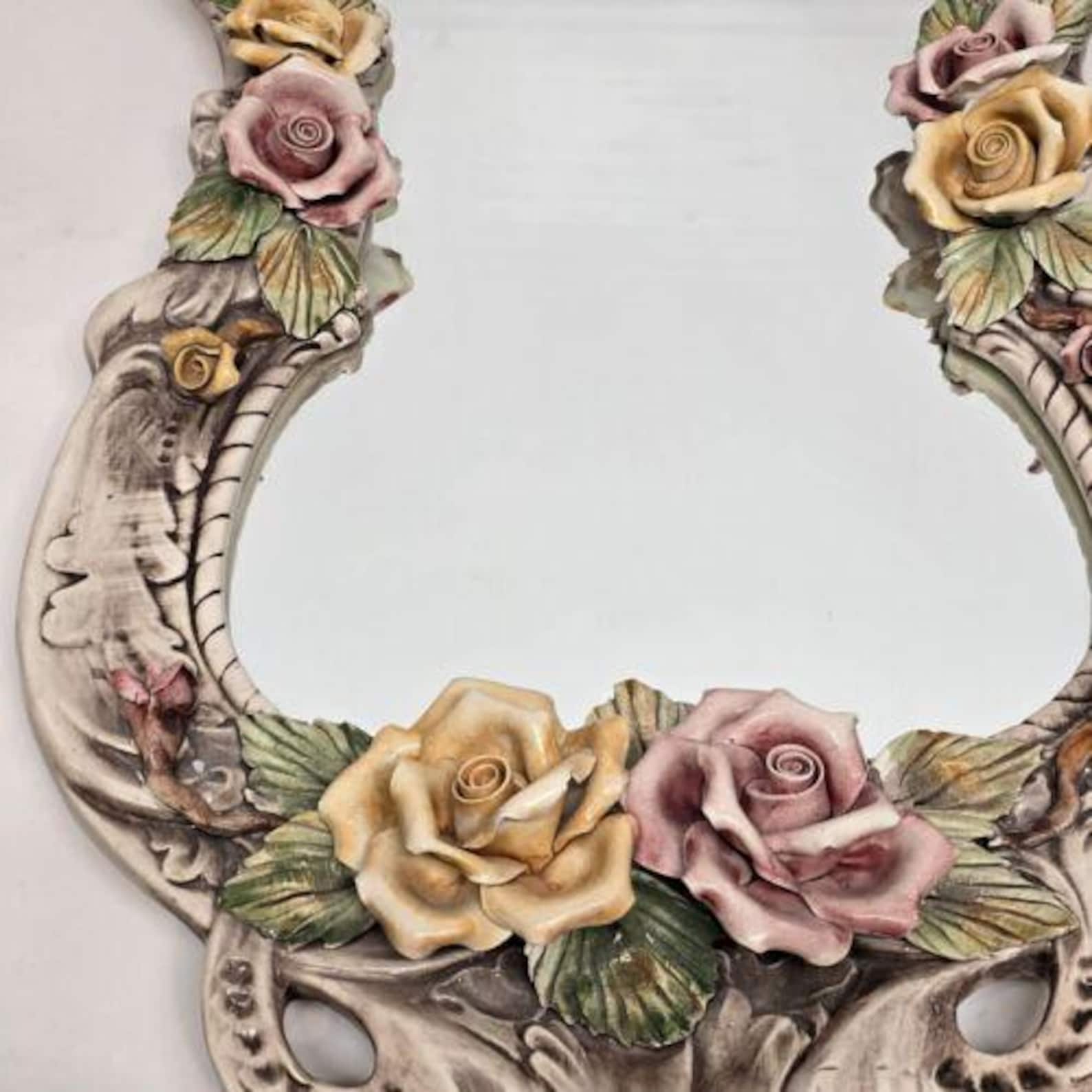 Large Capodimonte Porcelain Mirror Dresser Vanity Tray Roses Hour Glass ...