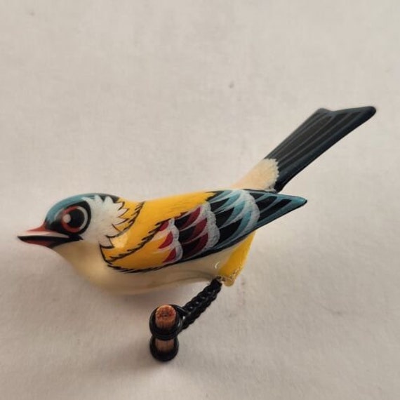 Japanese Wood Waxwing Bird Brooch Pin Yellow Blue Han… - Gem