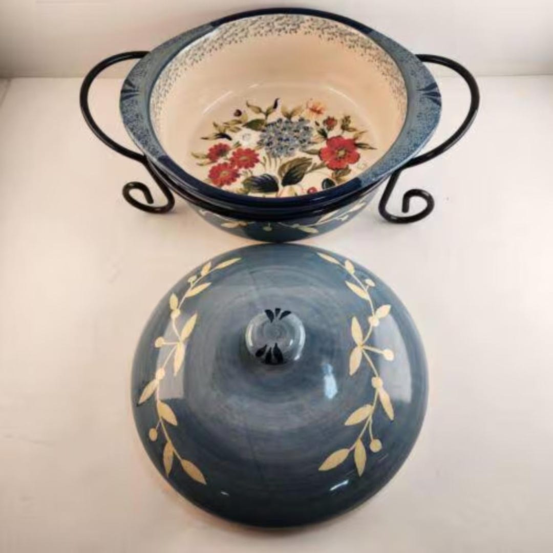 Pamela Gladding Round Casserole W Lid Iron Stand Pattern Flora Large ...
