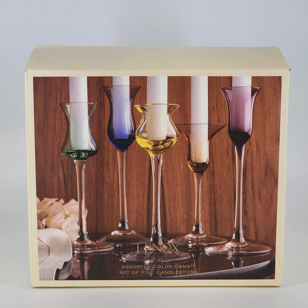 5 Lenox Color Gems Crystal Candlesticks Multi-color Long Stem W Candles ...