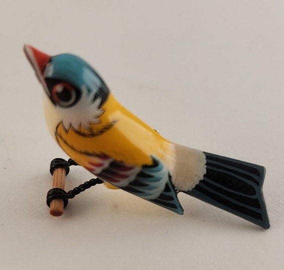 Japanese Wood Waxwing Bird Brooch Pin Yellow Blue Han… - Gem