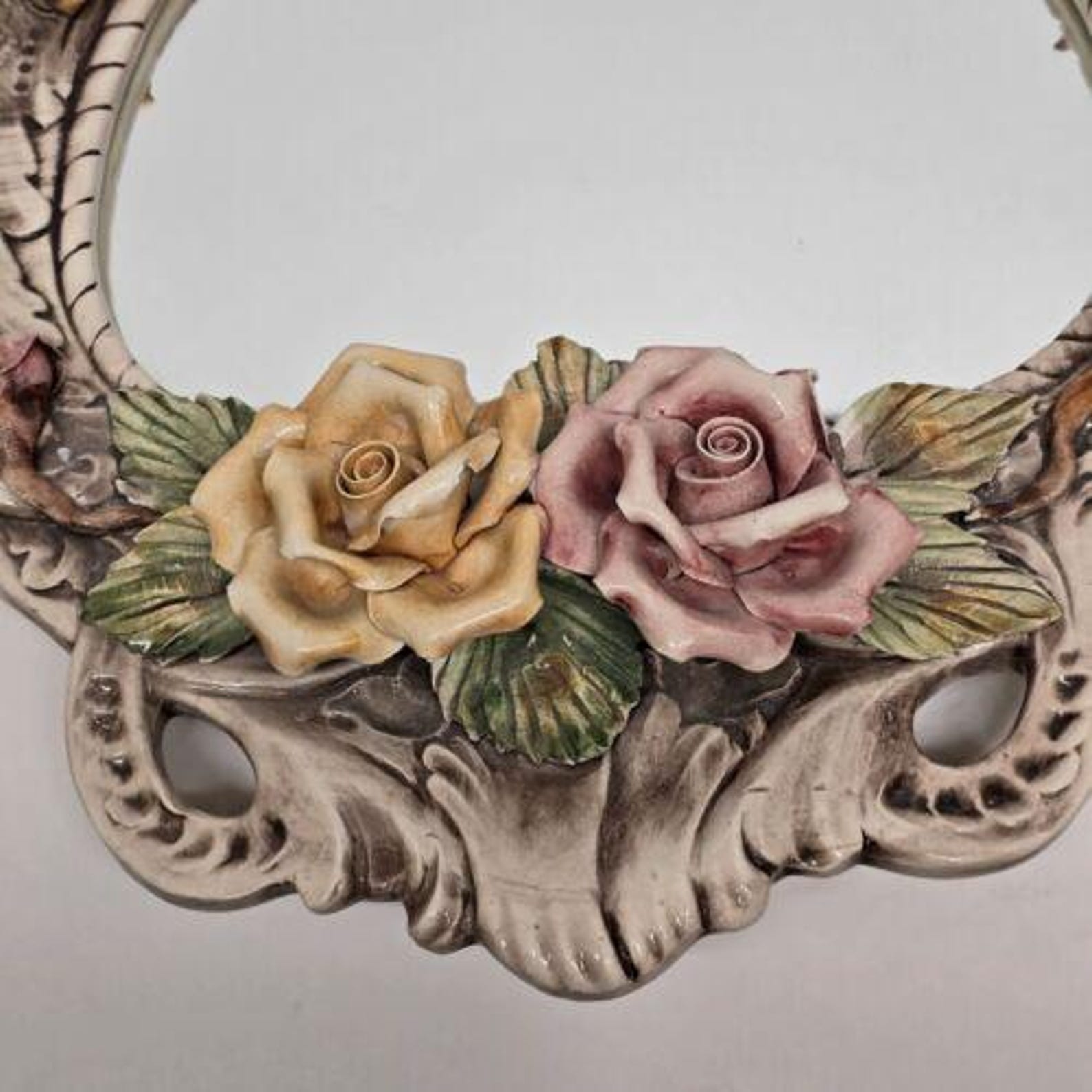 Large Capodimonte Porcelain Mirror Dresser Vanity Tray Roses Hour Glass ...