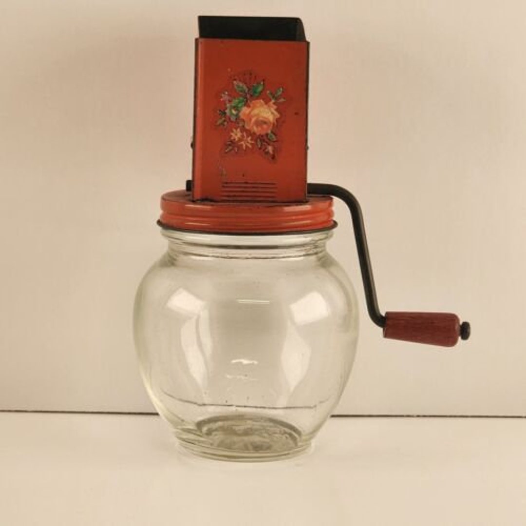 Vintage Nut Chopper Grinder Red Floral Metal Clear Glass Wooden Handle ...