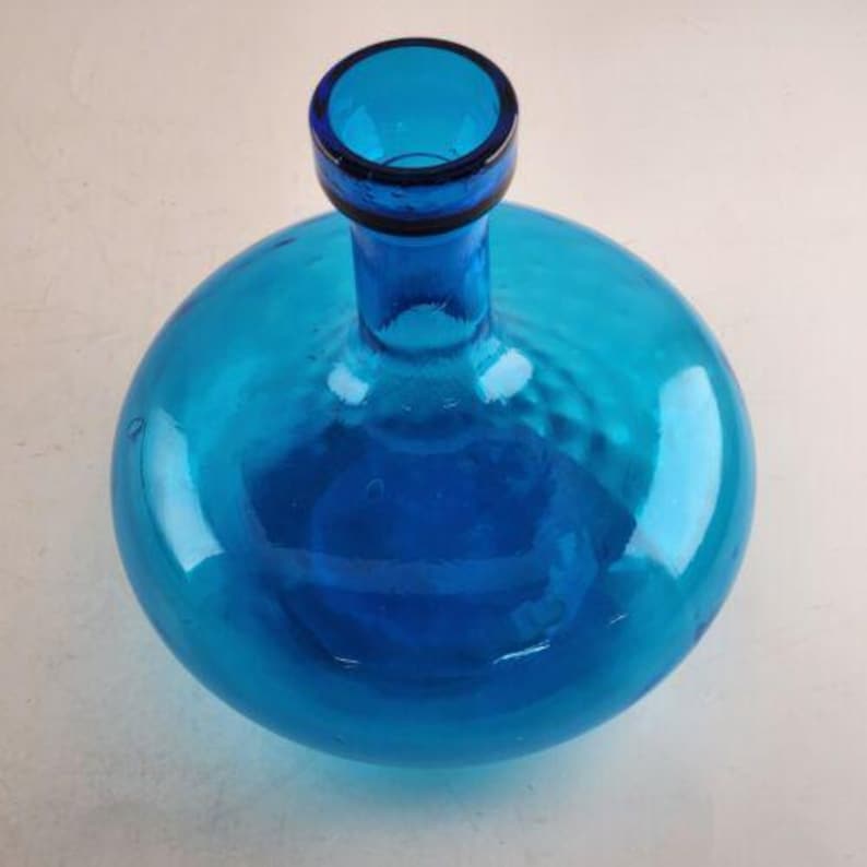 Blue Italian Glass Diamond Puff Genie Bottle Decanter Flange Vintage 8. ...