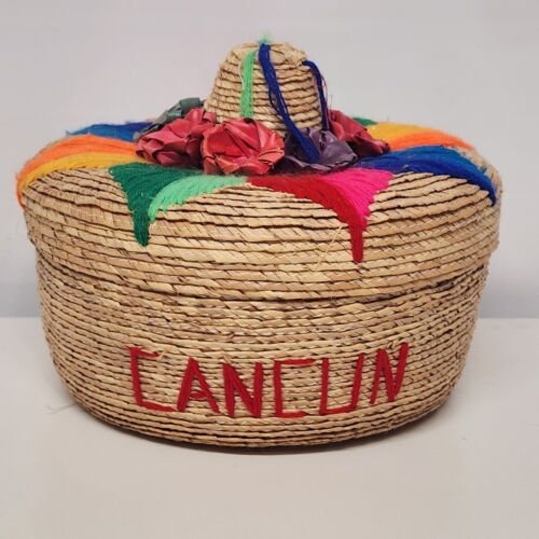 Raffia Straw Woven Tortilla Basket With Straw Hat Lid Cancun Vintage ...