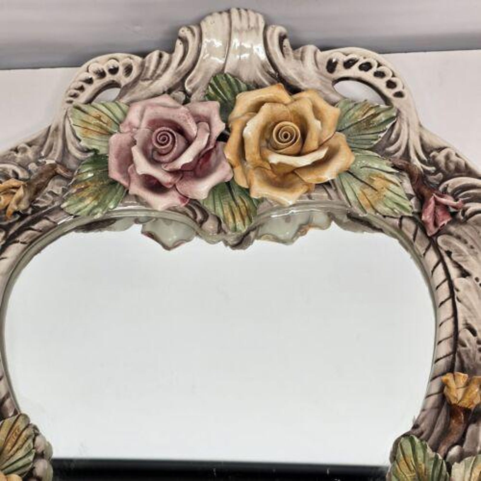 Large Capodimonte Porcelain Mirror Dresser Vanity Tray Roses Hour Glass ...
