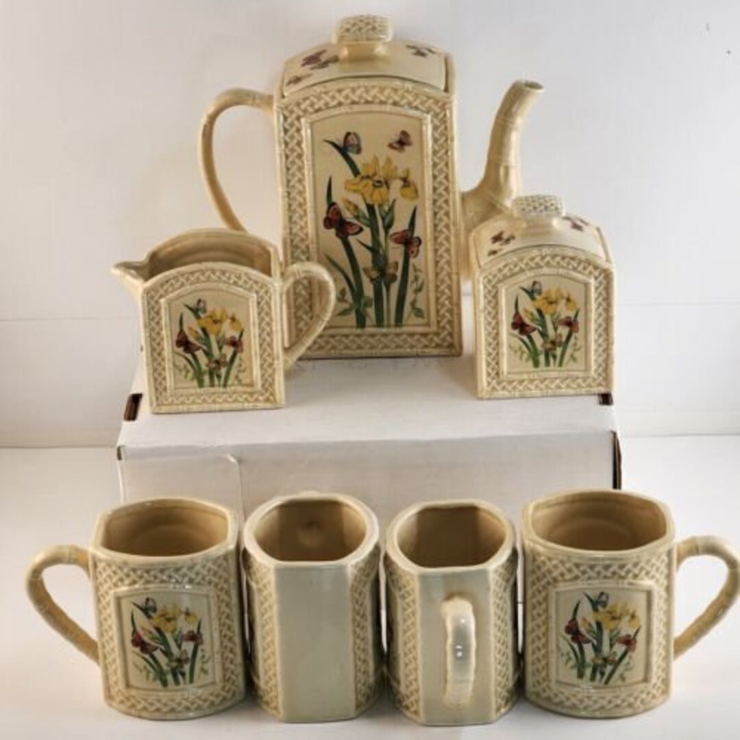 Enesco Butterfly Garden Trellis Ceramic Set Tea Pot 4 Mugs Sugar ...