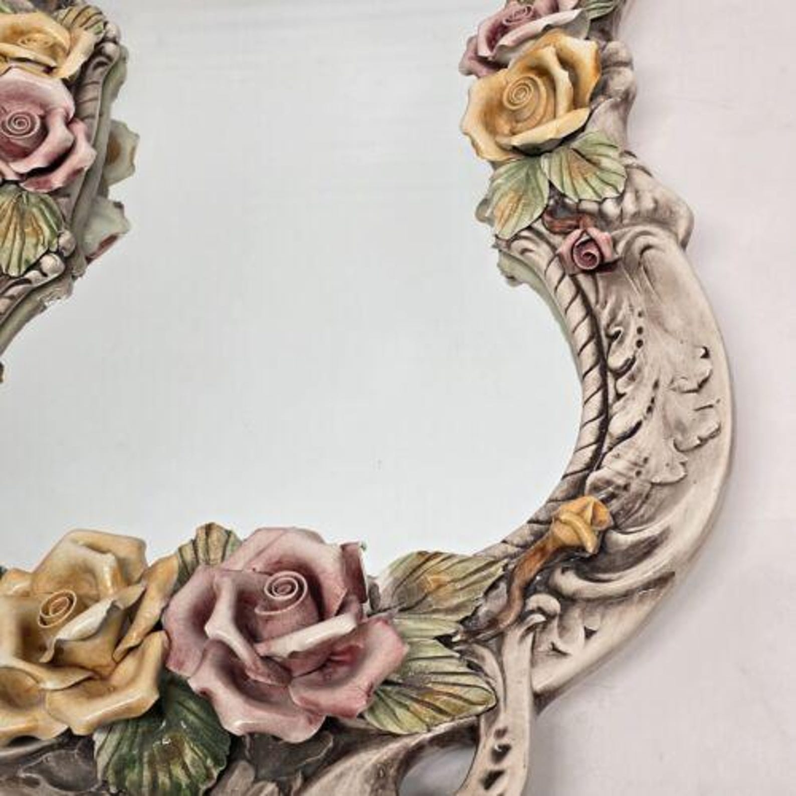 Large Capodimonte Porcelain Mirror Dresser Vanity Tray Roses Hour Glass ...