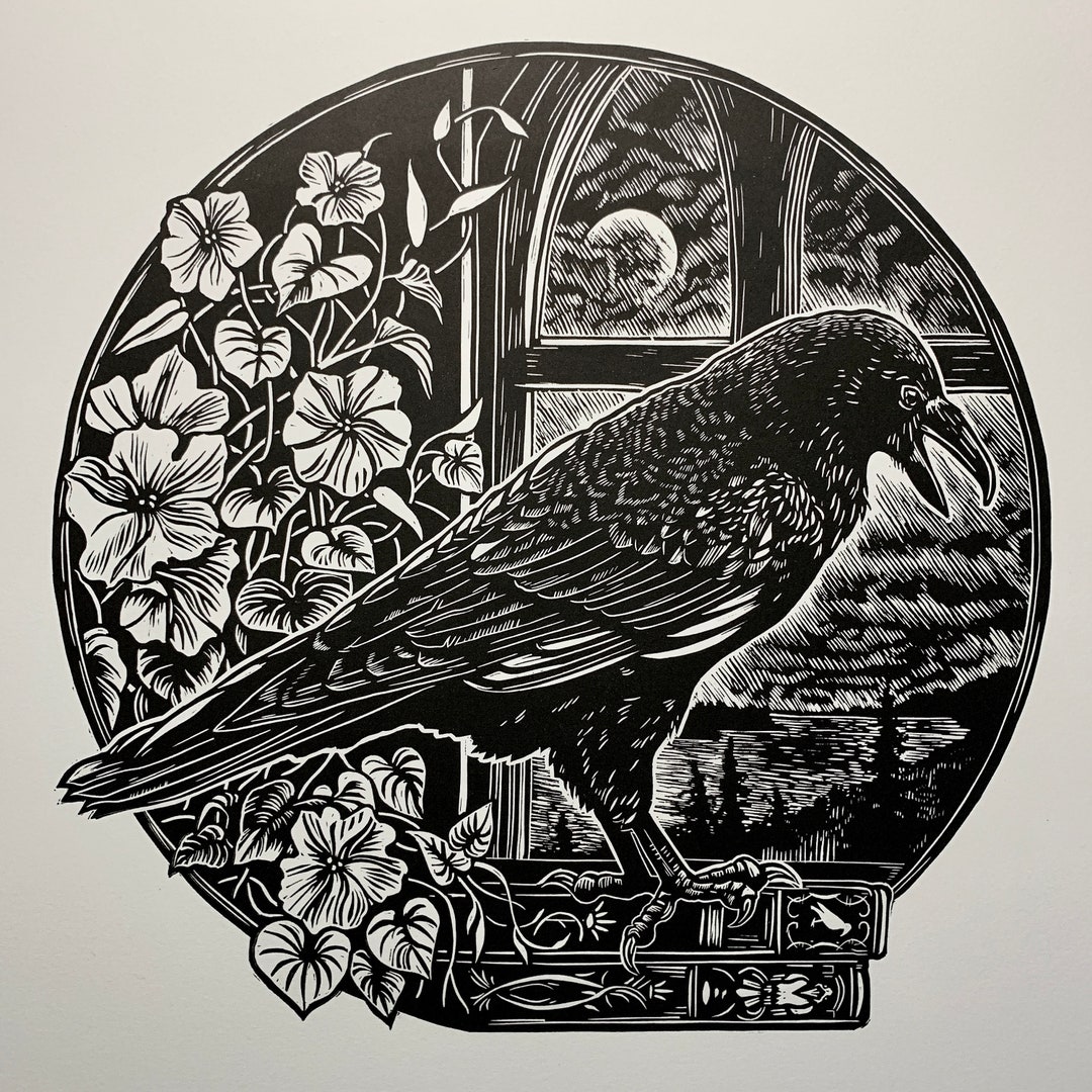 Moonflower, Limited Edition, Linocut, Raven, Hand-carved - Etsy