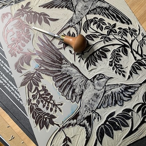 Arabesque, Limited Edition, Linocut, Watercolor, Swallows and Wisteria ...