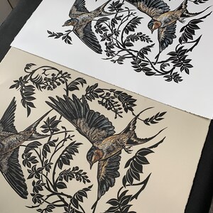Arabesque, Limited Edition, Linocut, Watercolor, Swallows and Wisteria ...