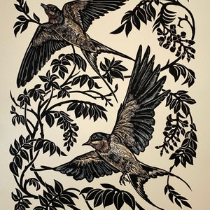 Arabesque, Limited Edition, Linocut, Watercolor, Swallows and Wisteria ...