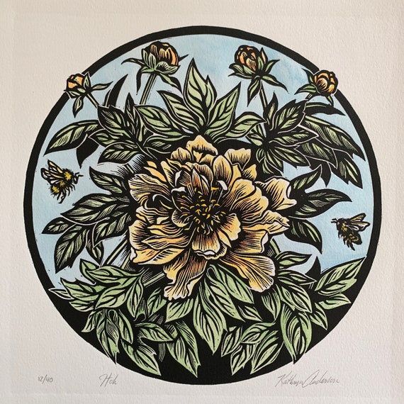 Itoh Peony Original hand colored linocut print | Etsy