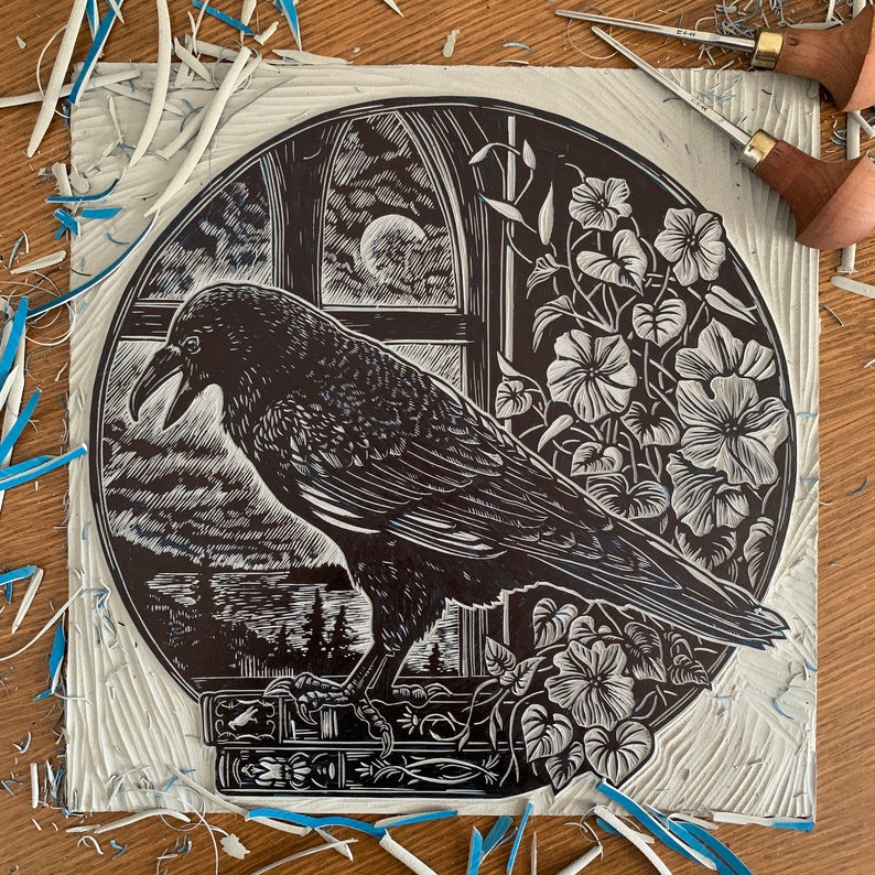 Moonflower Limited Edition Linocut Raven Hand-carved - Etsy