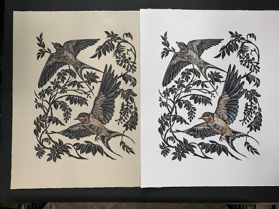 Arabesque, Limited Edition, Linocut, Watercolor, Swallows and Wisteria ...