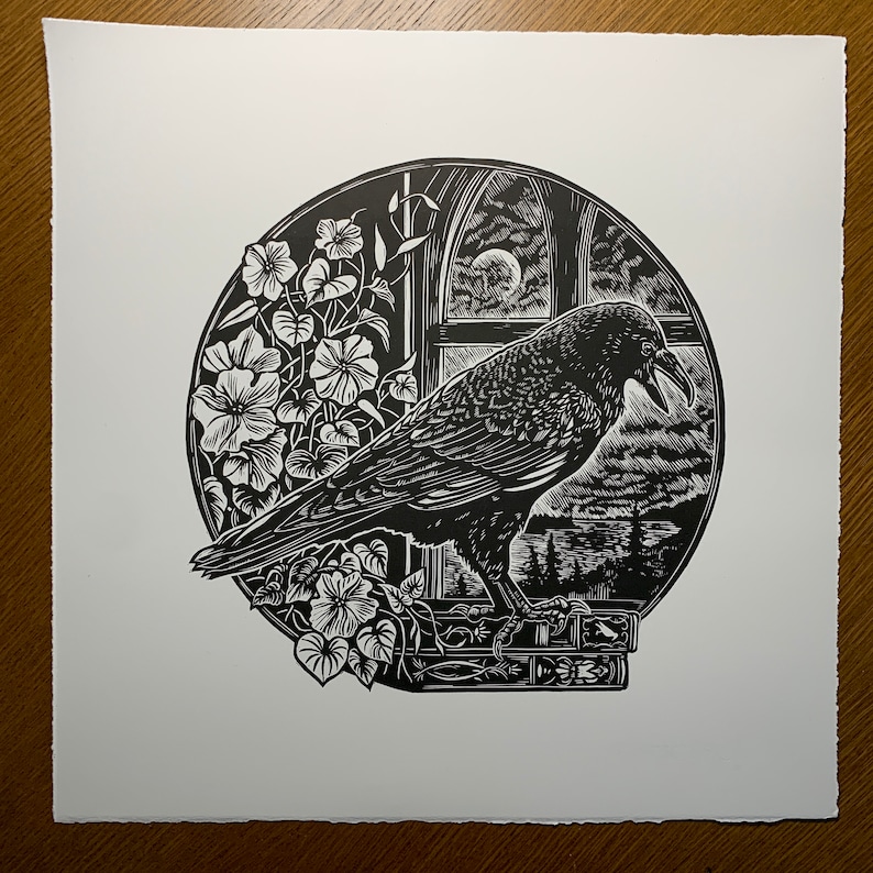 Moonflower Limited Edition Linocut Raven Hand-carved - Etsy