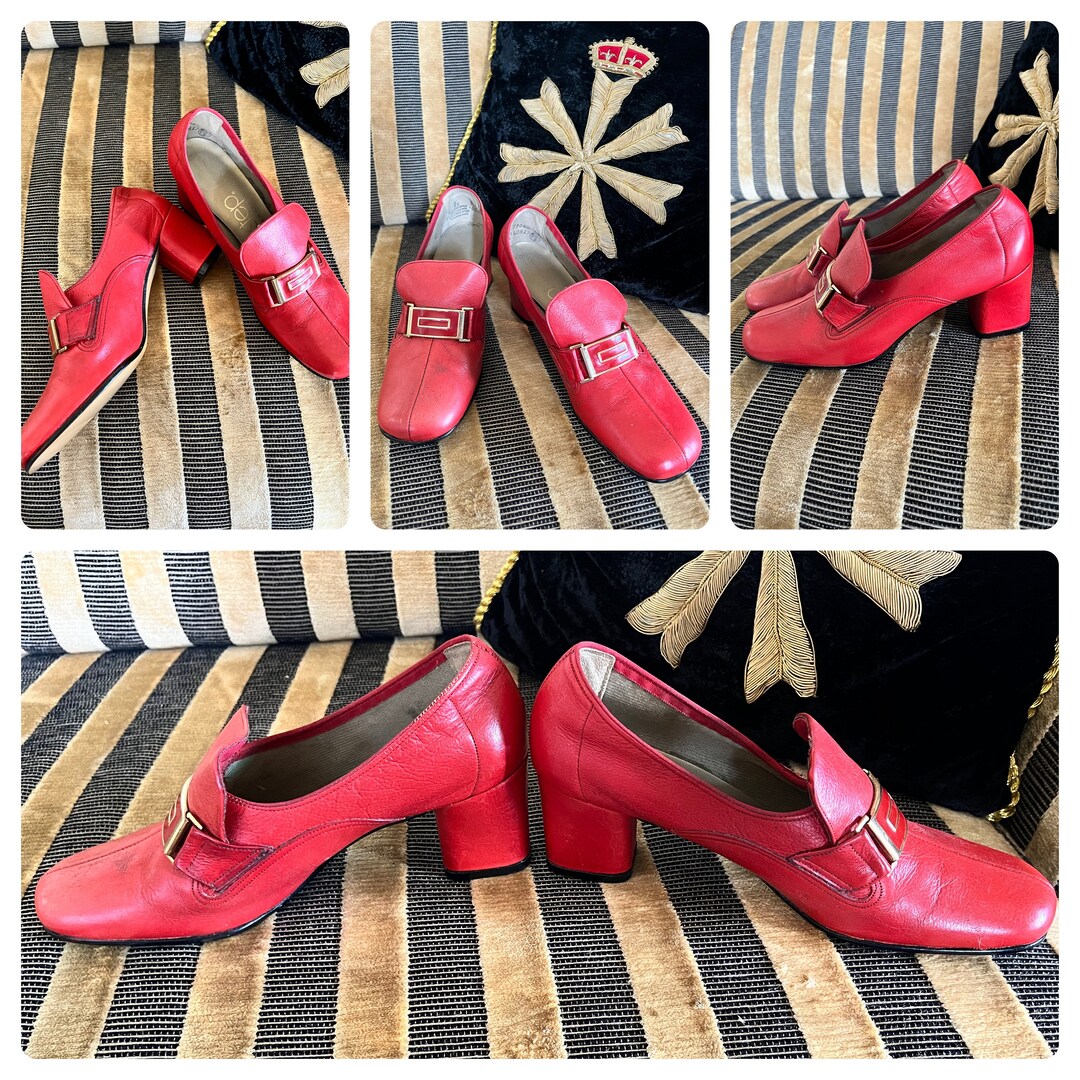 Vintage 1960s 70s Size 6 Mod Soft Leather Coral Red Closed Toe Witchy ...