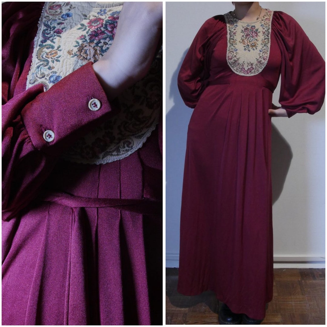 70s VTG Joy Stevens California Dark Red Maroon Balloon Sleeve Prairie ...
